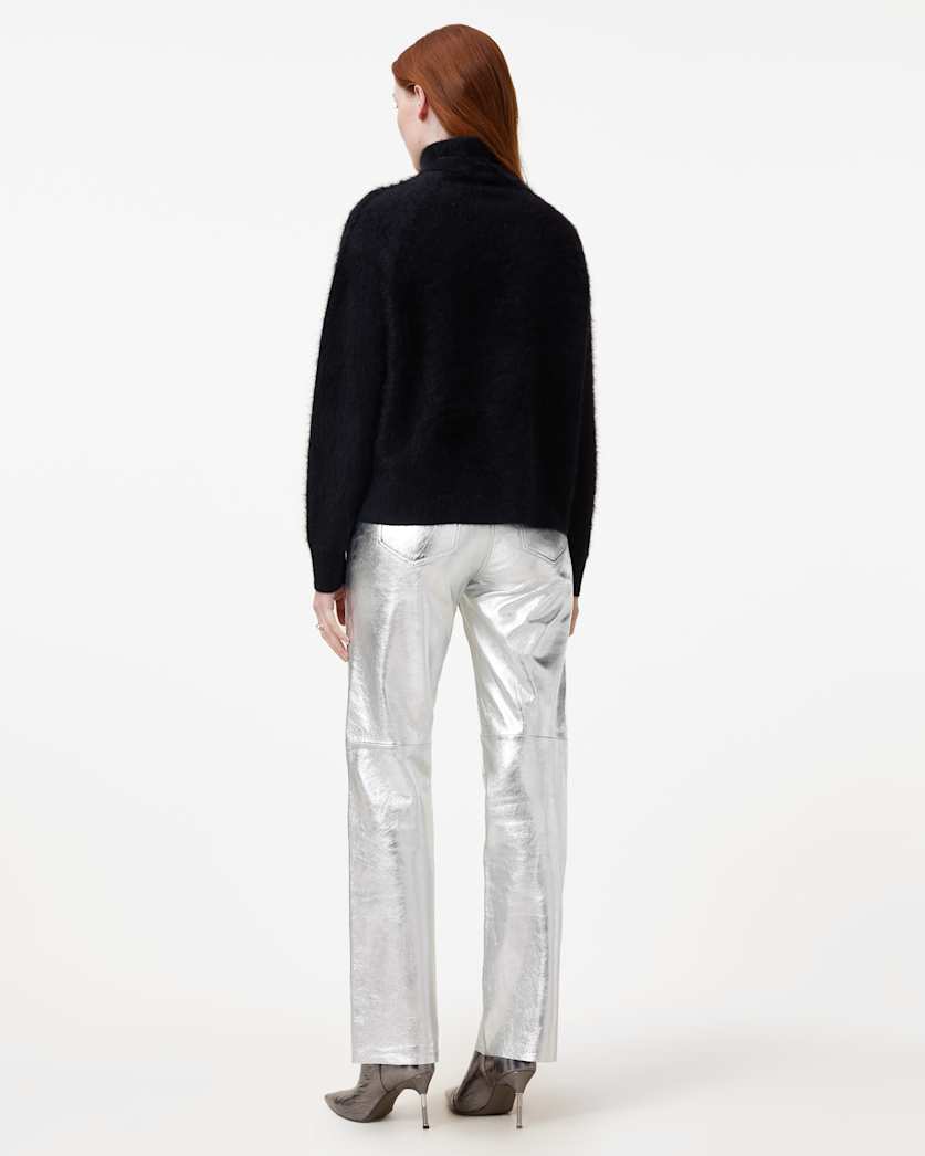 Saige Straight Fit Foiled Leather Trousers Silver | ALLSAINTS